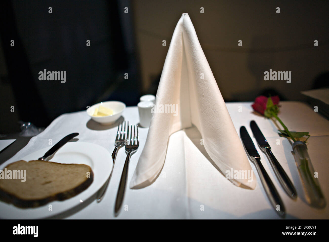 Lufthansa Airlines First Class meal setting with white linen, real ...