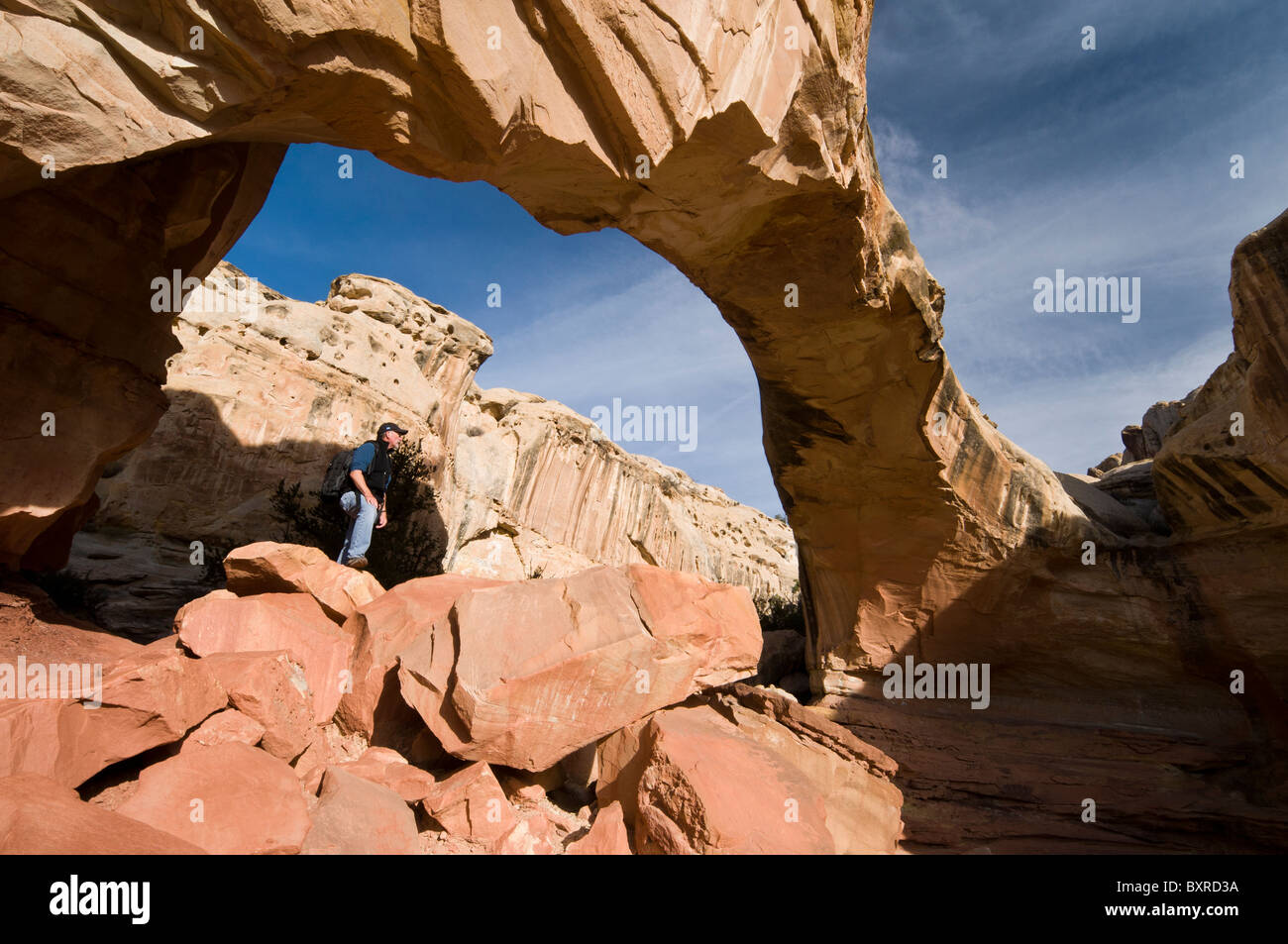 Man standing under the arch of Hickman Bridge, Capitol Reef National ...