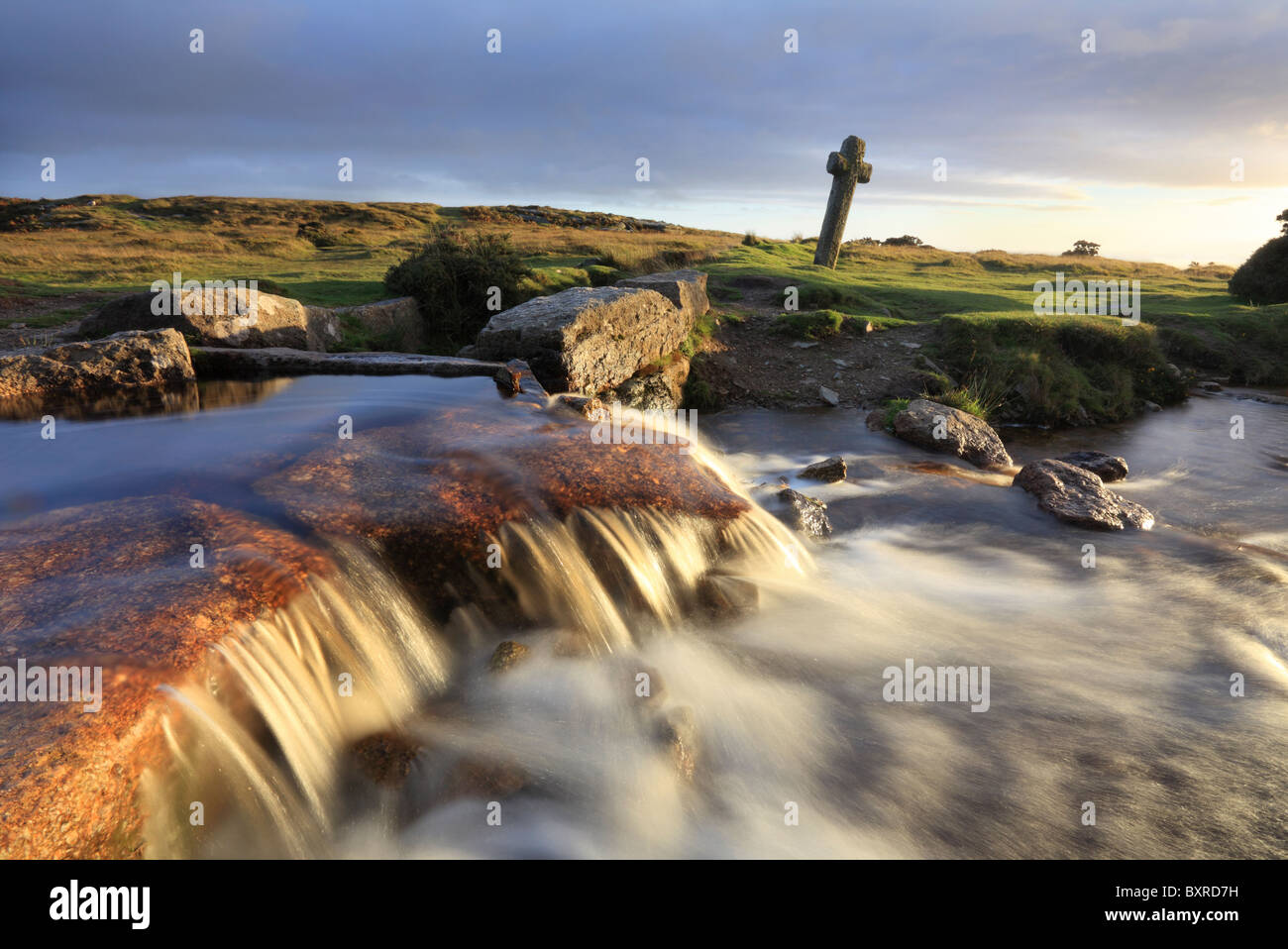 Windy Post Celtic Cross on Dartmoor captured in late evening light ...