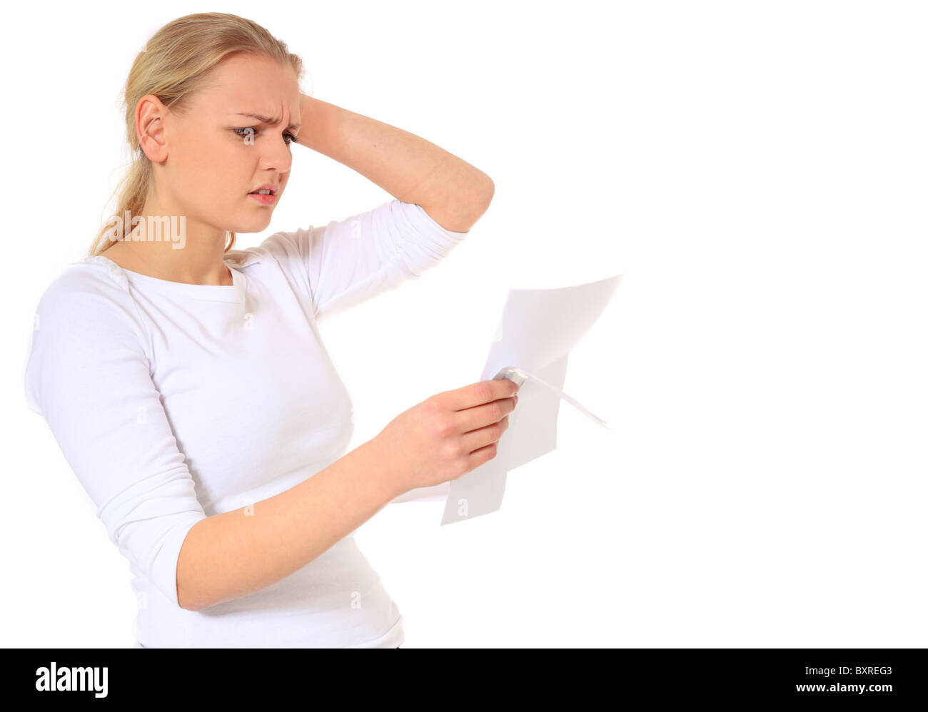Attractive blonde woman getting bad news. All on white background Stock ...