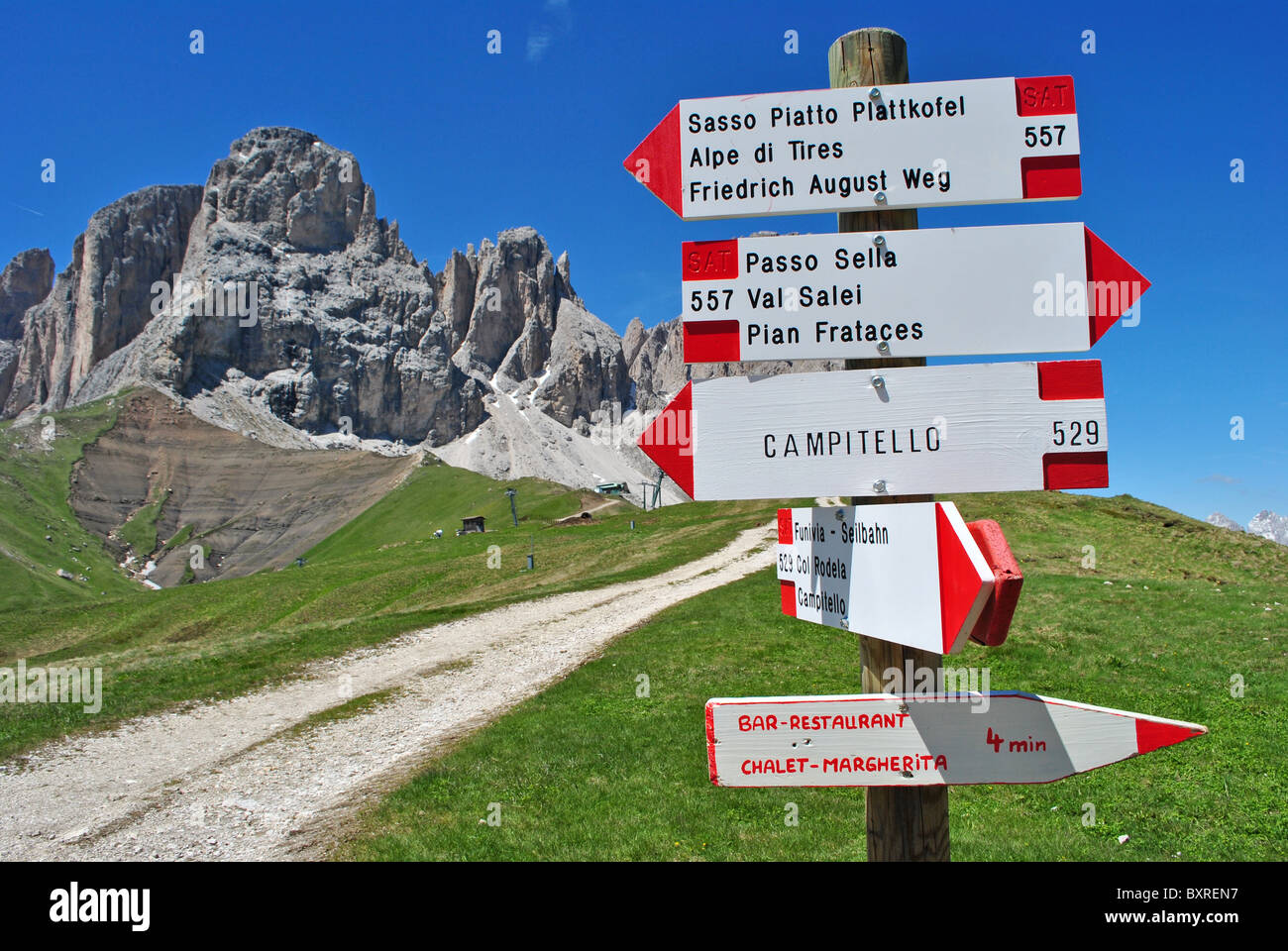 Aerial view of Canazei and Fassa valley with Saas Pordoi mount (Sella ...