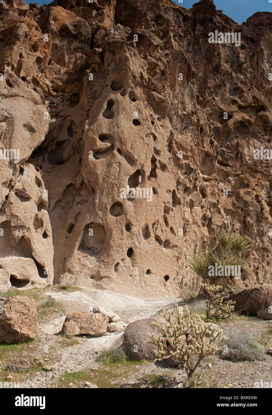 The Rhyolite (welded volcanic tuff) cliffs at Hole-In-The-Wall, Mojave ...