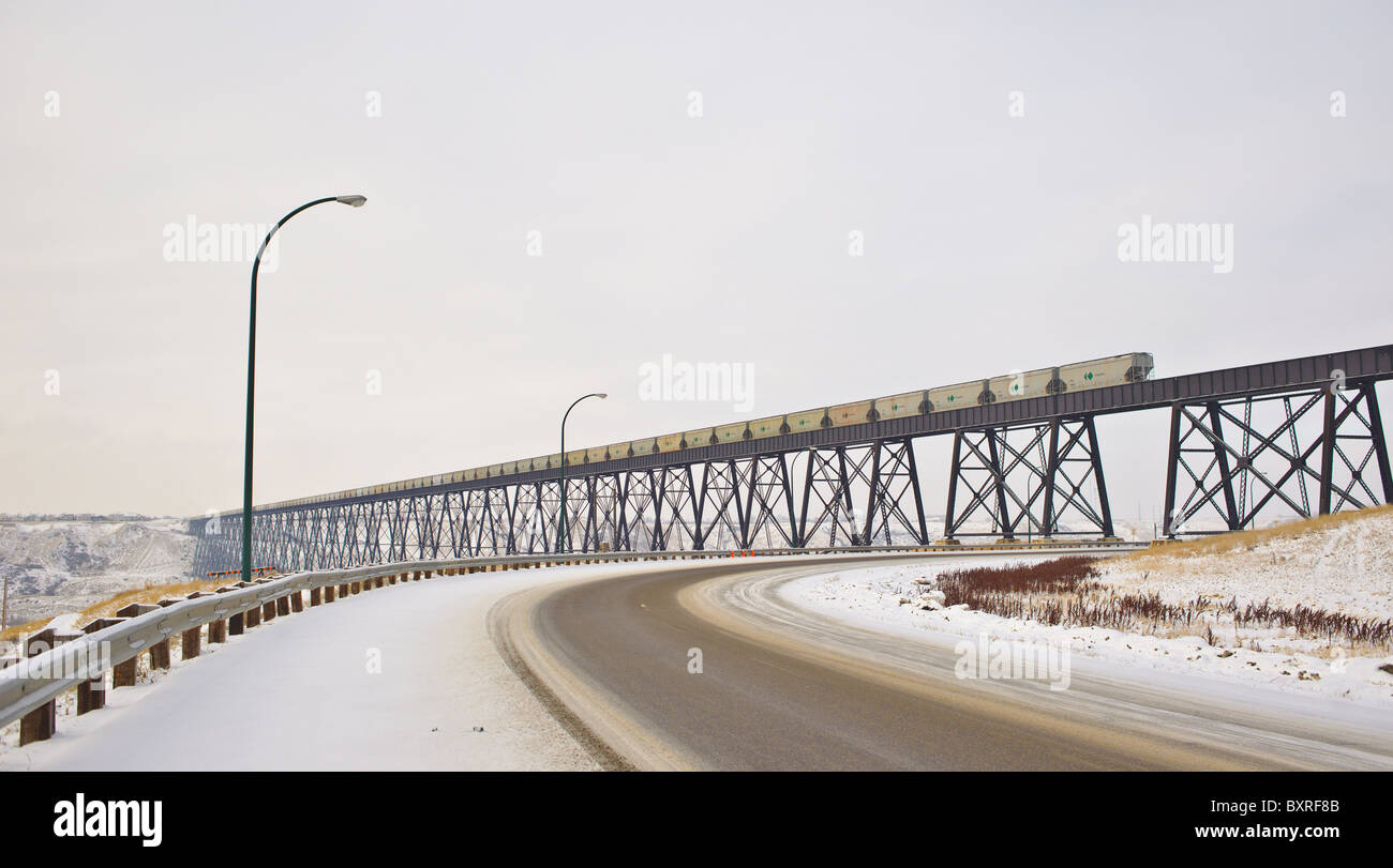 Lethbridge High Level Bridge over Old Man River with train Stock Photo ...