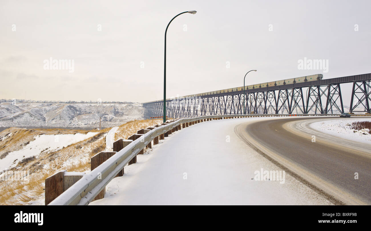 Lethbridge High Level Bridge over Old Man River with train Stock Photo ...