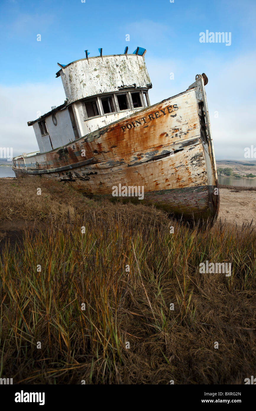 Abandoned shipwreck of the Point Reyes along the shore of Tomales Bay ...
