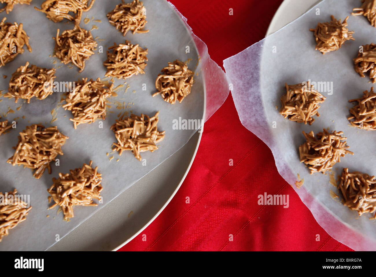 Holiday butterscotch haystacks on parchment paper, ready to serve ...