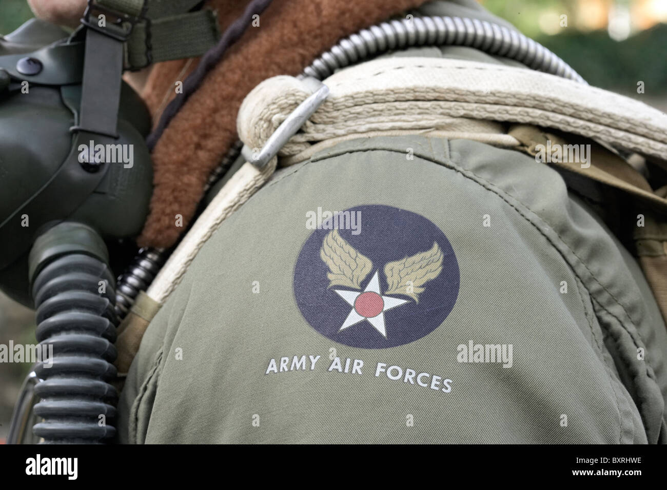 Man wearing US B-17 bomber uniform, flying jacket with insignia and ...