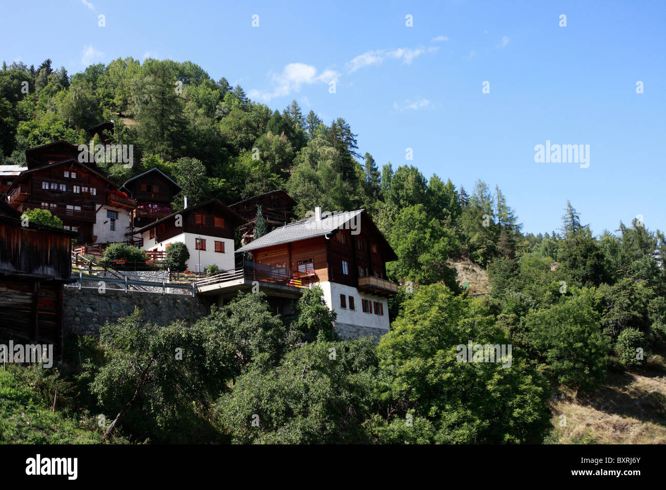 Traditional chalets perched on the hillside in the village of Pinsec in ...