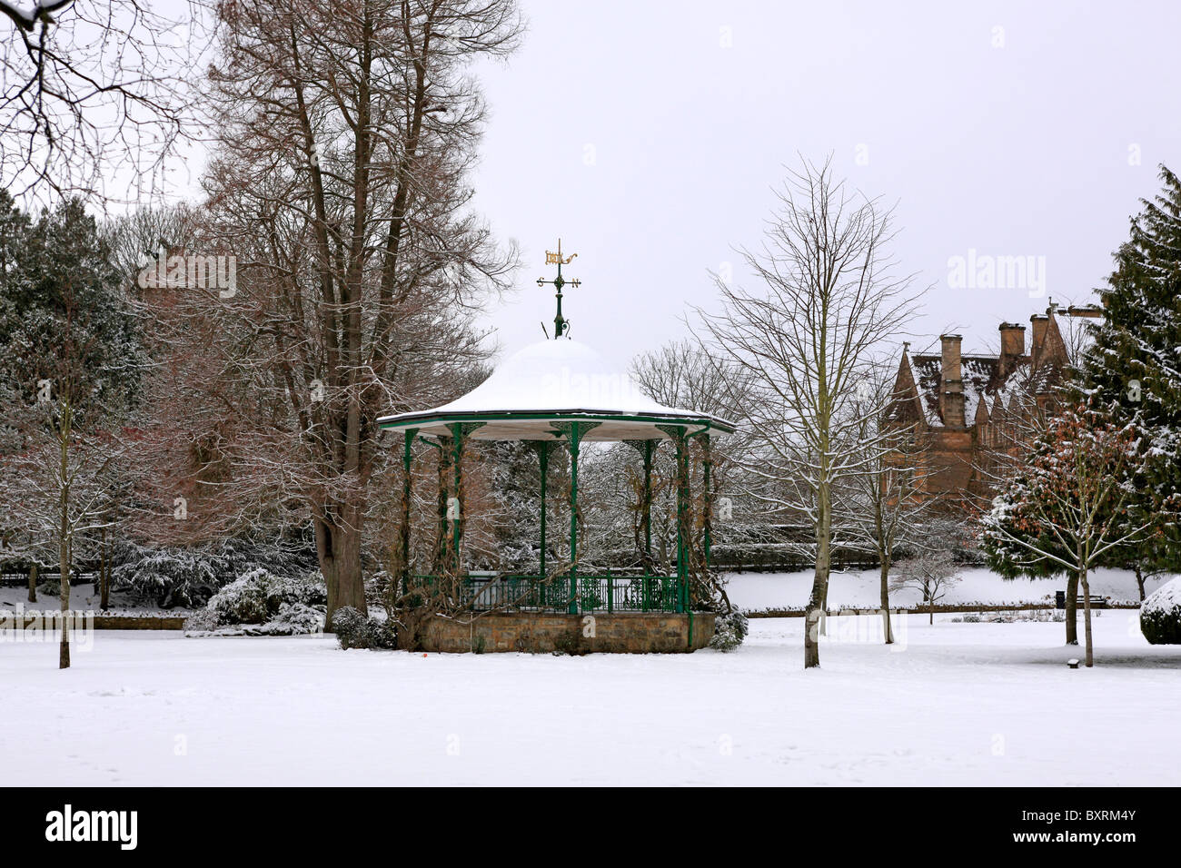 Snow covered Bandstand and gardens in Sherborne' Pageant gardens Dorset ...