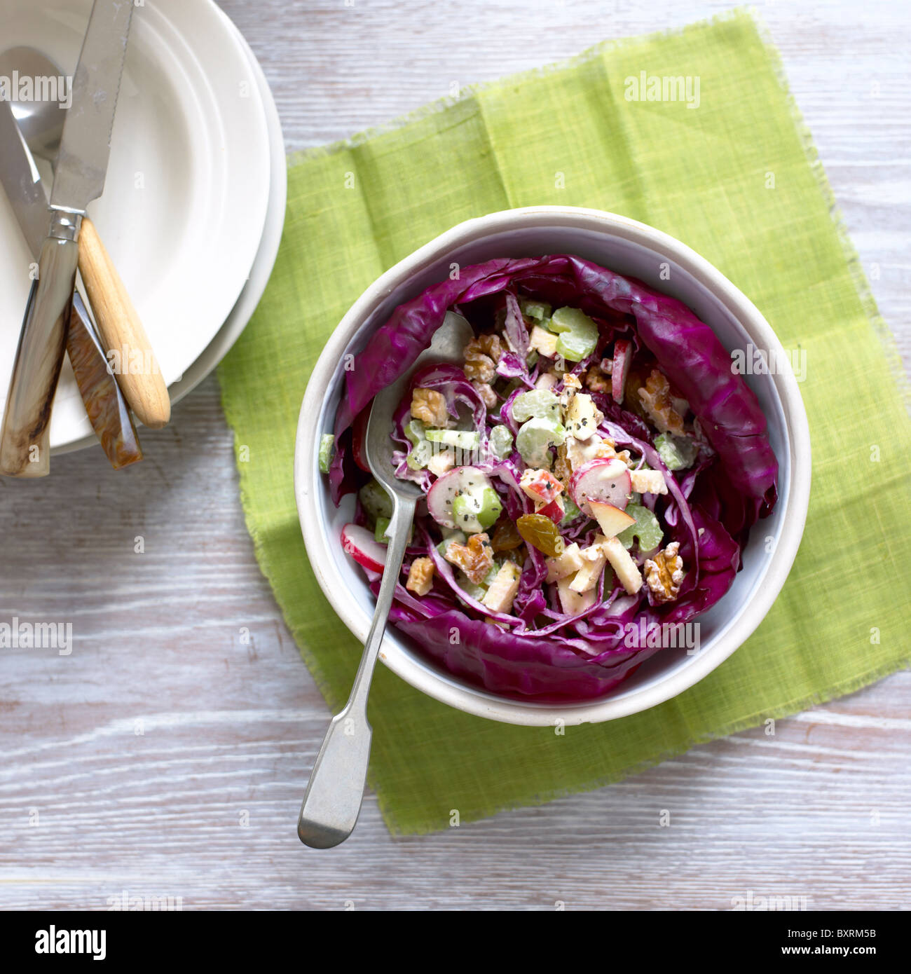 Winter cabbage salad, salad with red cabbage, celery, sultanas, apple ...