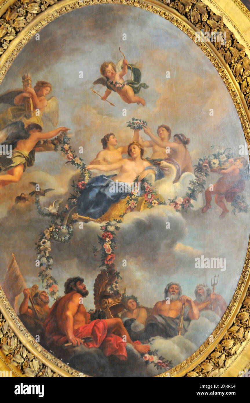 Painted ceiling, Palace of Versailles, Versailles, Paris, Île-de-France ...