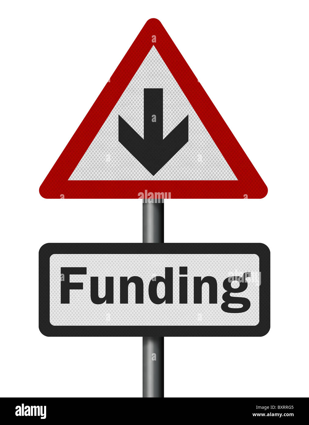 Photo realistic reflective metallic 'funding cuts' sign, isolated on a ...
