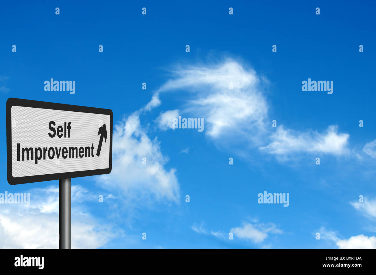Photo realistic 'self improvement' sign against bright blue sky Stock ...