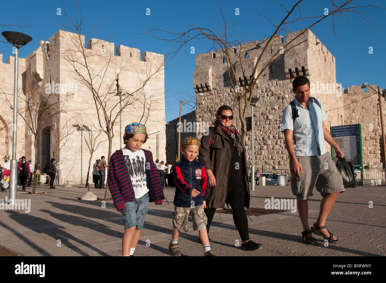 family with two boys walking by Jaffa Gate. Jerusalem Old City Stock ...