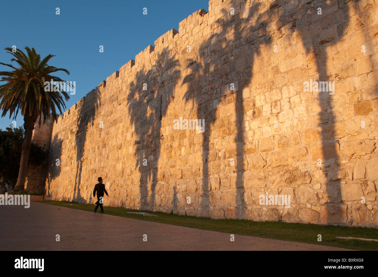 Orthodox jew walking along the City walls with palm trees shadow ...