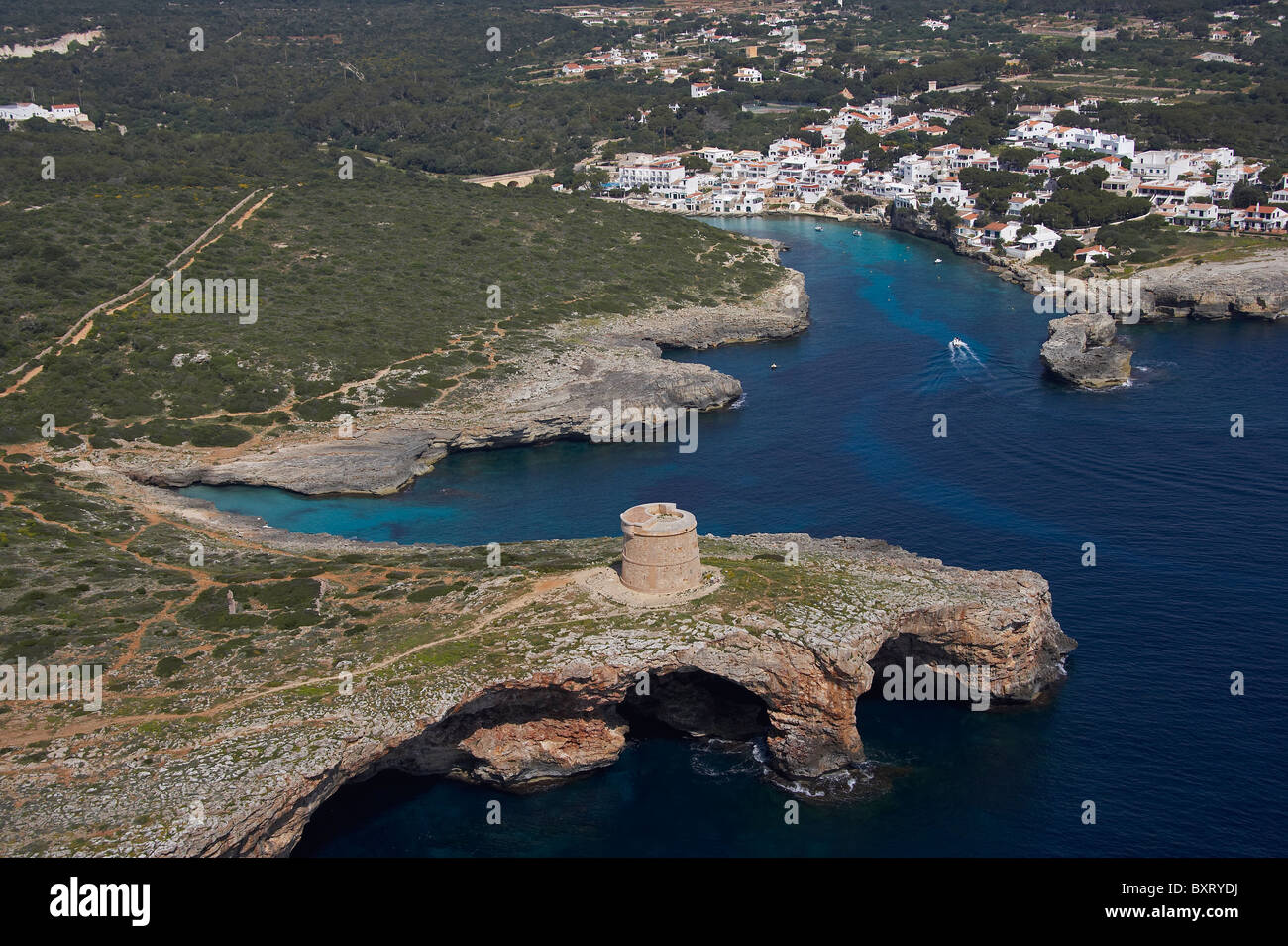 Aerial View of Coastal Town with Historic Tower and Crystal Clear ...