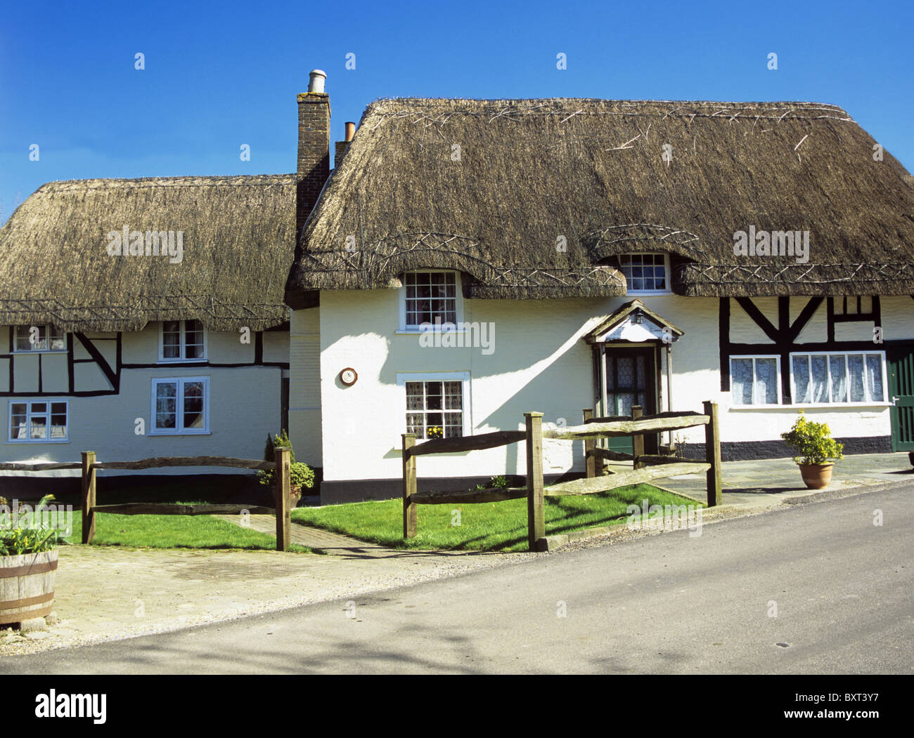 East Meon Hampshire England UK One of the thatched white cottages in ...