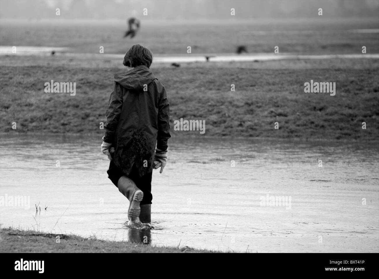 Young boy wading through floodwater on a common Stock Photo - Alamy