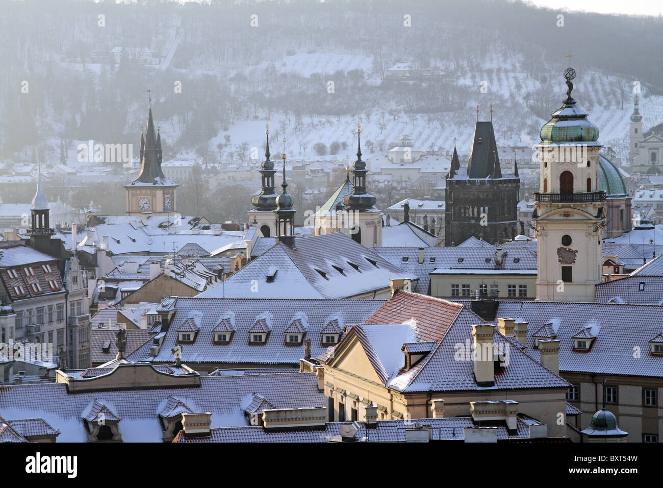 The roofs and rooftops of the skyline in Prague, Czech Republic with ...