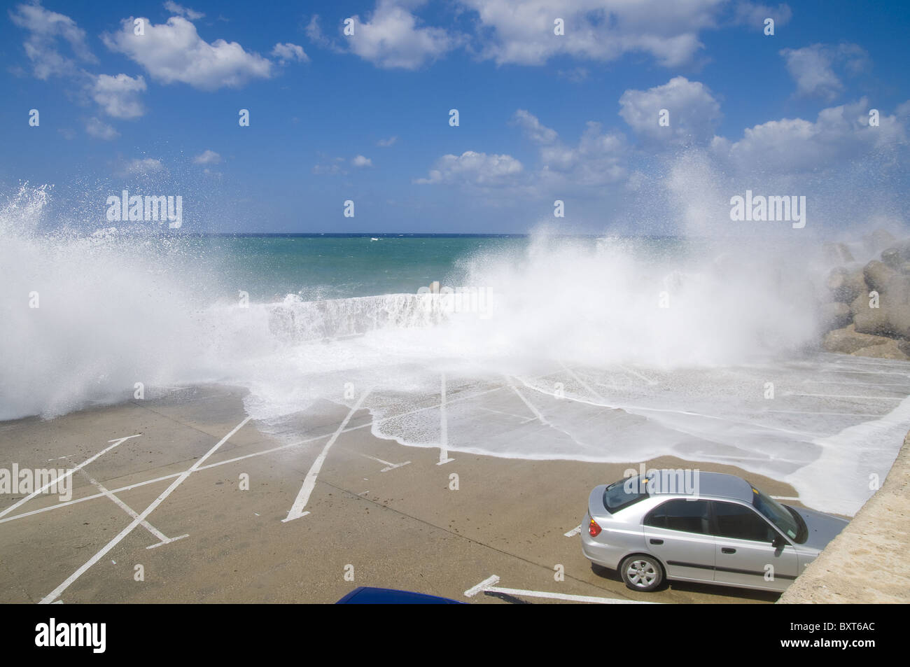 Rethymno Crete parking lot with stormy waves Stock Photo - Alamy