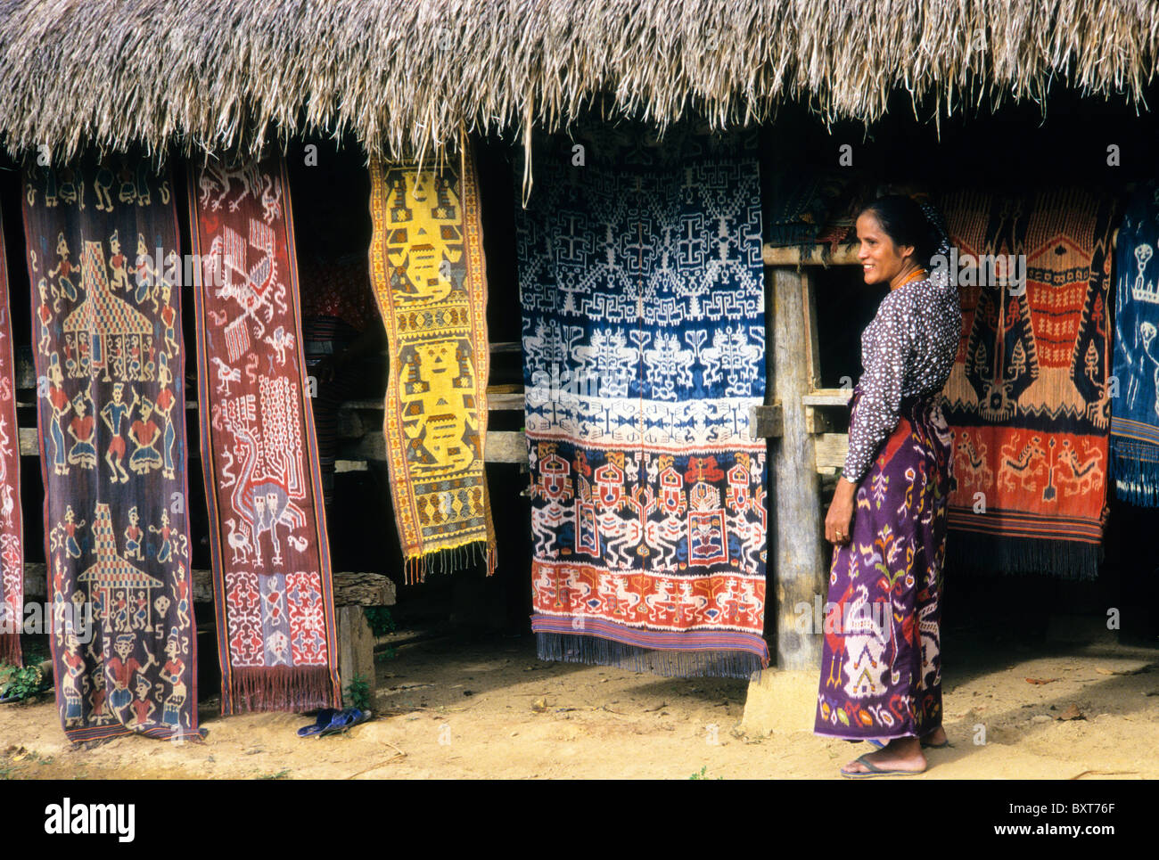 Ikat (woven textiles) in village of Prailiu, Sumba, Indonesia Stock ...