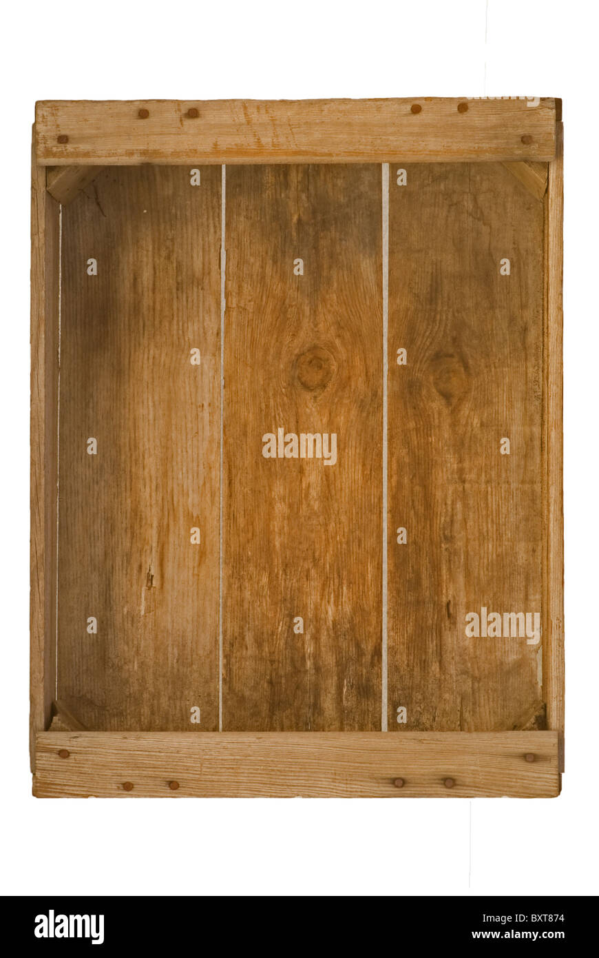 Front view of the interior of an old wooden orchard crate - isolated ...