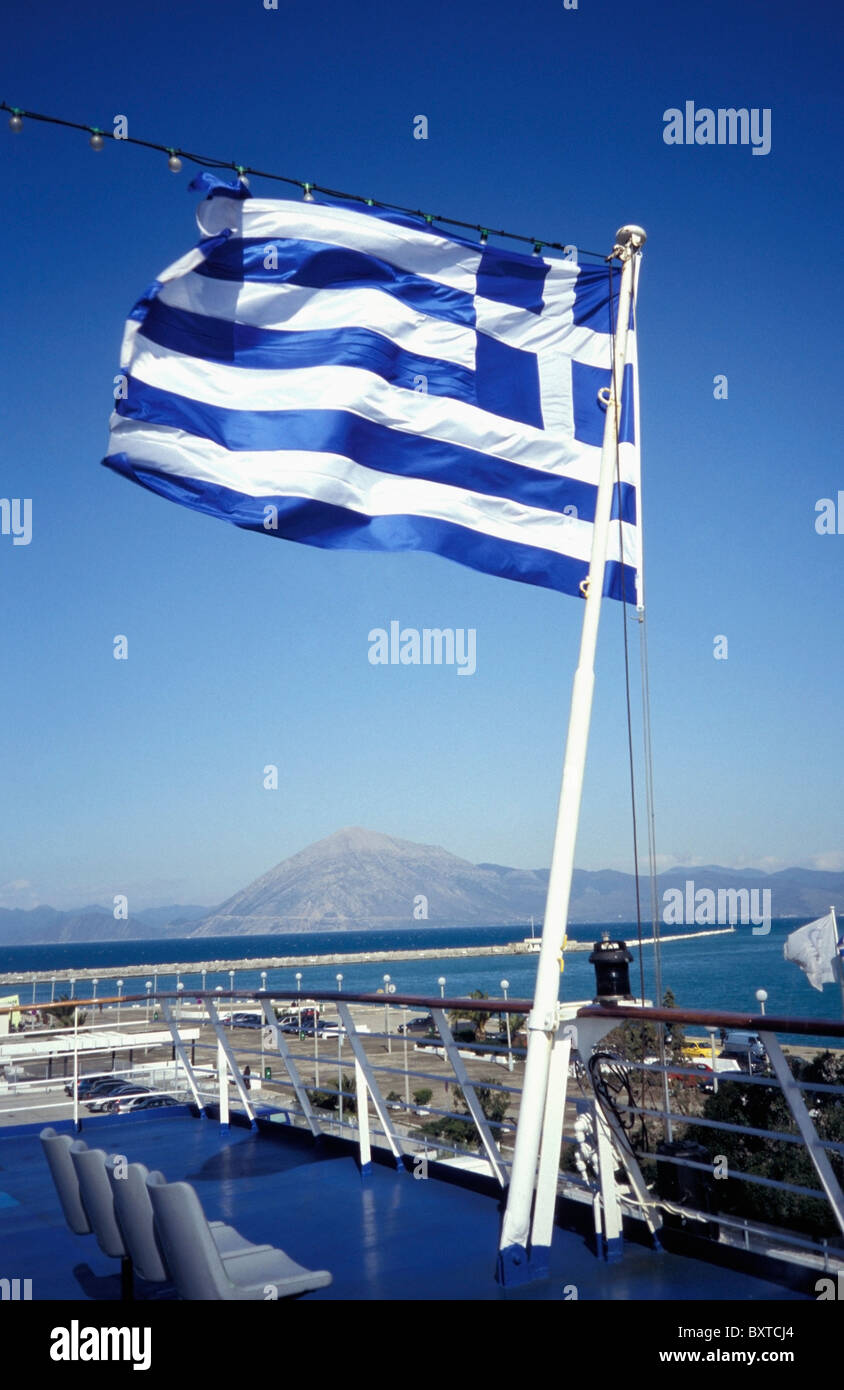 Greek Flag On A Ferry Leaving Port Stock Photo - Alamy