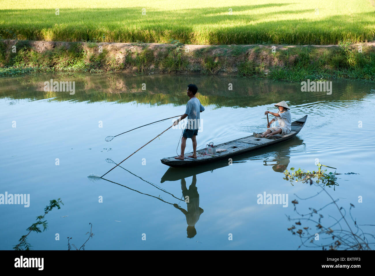 Canoe on a river between the rice paddies, Mekong Delta, Chau Doc ...