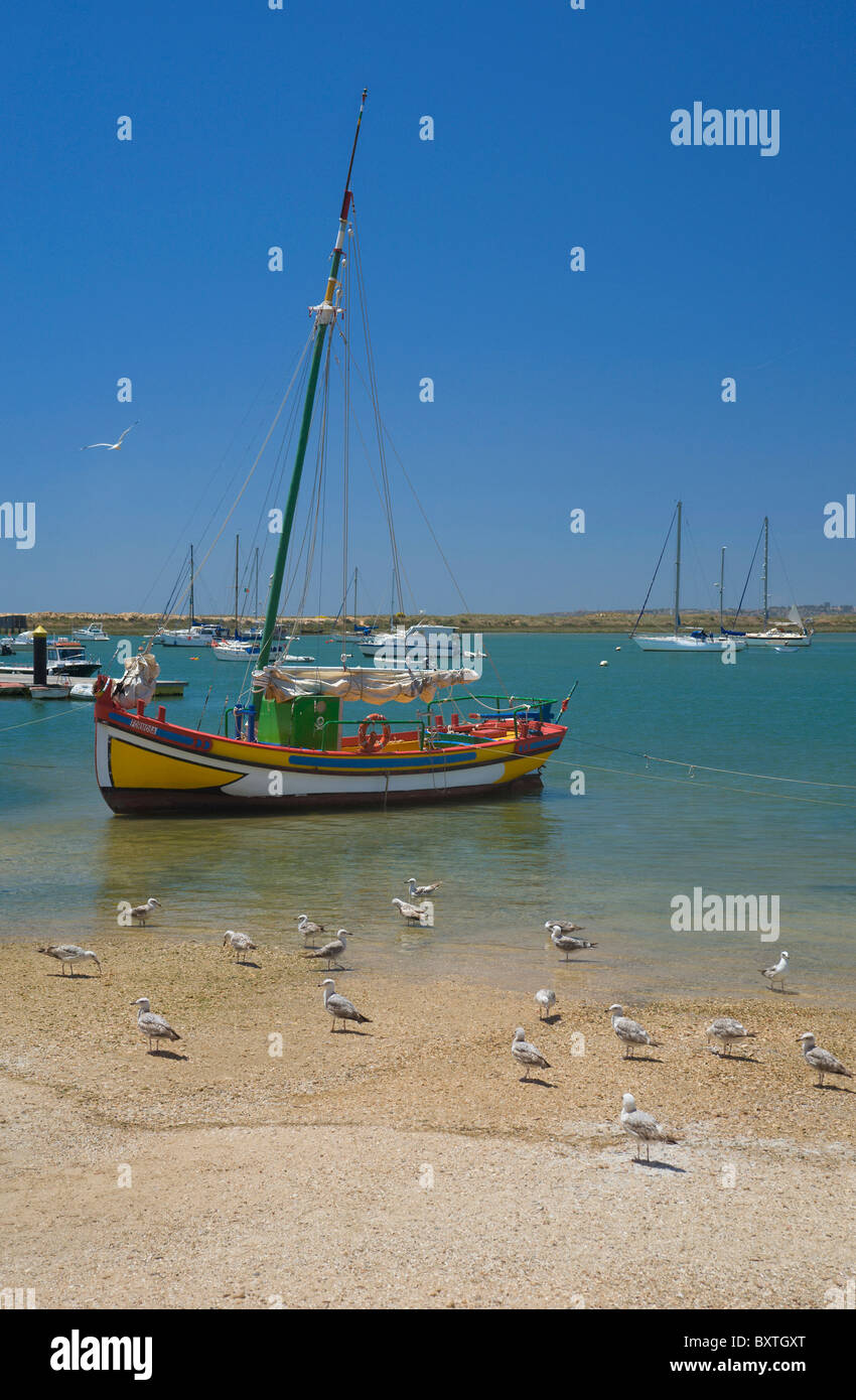Portugal, Algarve, Alvor A Fishing Boat In The Estuary, seagulls on the ...