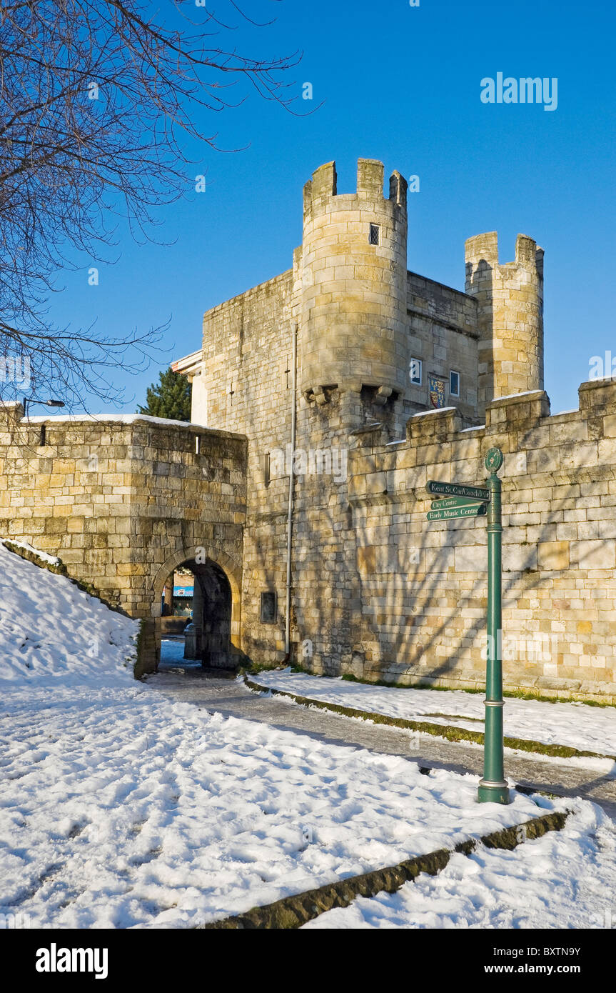 Snow covers Walmgate Bar and City Walls in winter scene York North ...