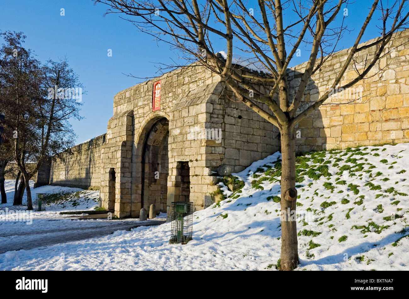 Snow covered Fishergate Bar and City Walls in winter weather York North ...