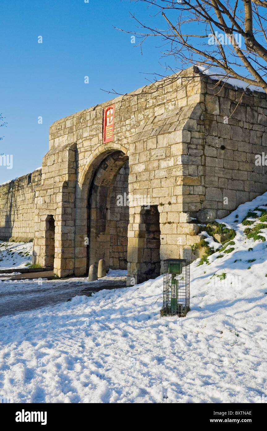 Snow covered Fishergate Bar and City Walls in winter weather York North ...