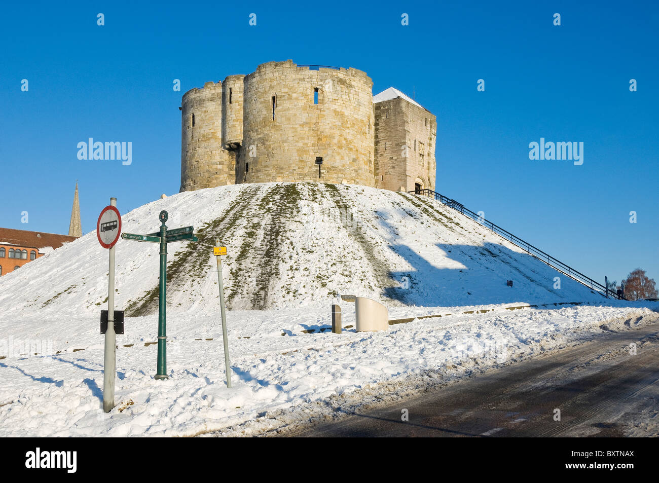 Snow covered Cliffords Tower in winter scene York North Yorkshire ...