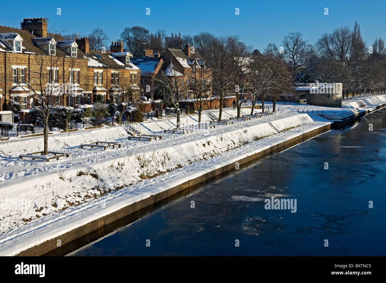 Marygate Tower and River Ouse in winter snow weather York North ...