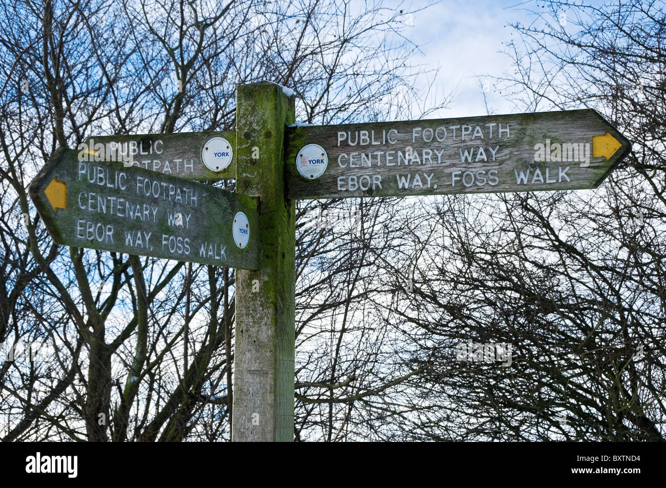 Close up of public footpath path sign for Centenary Way Ebor Way and ...