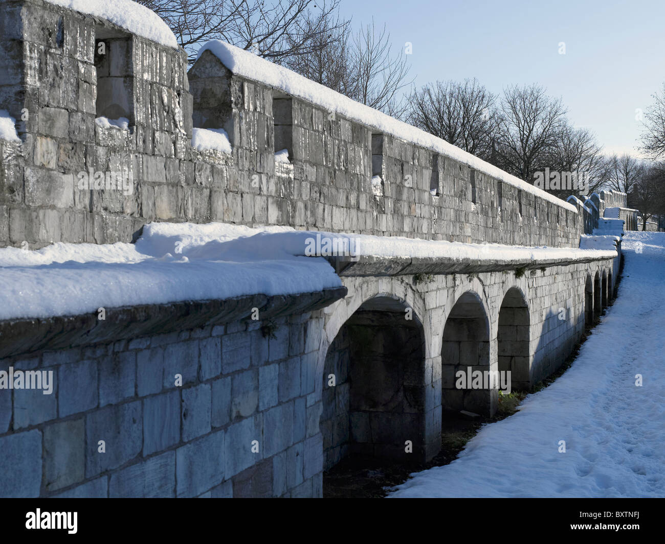 City Walls covered in snow in winter York North Yorkshire England UK ...