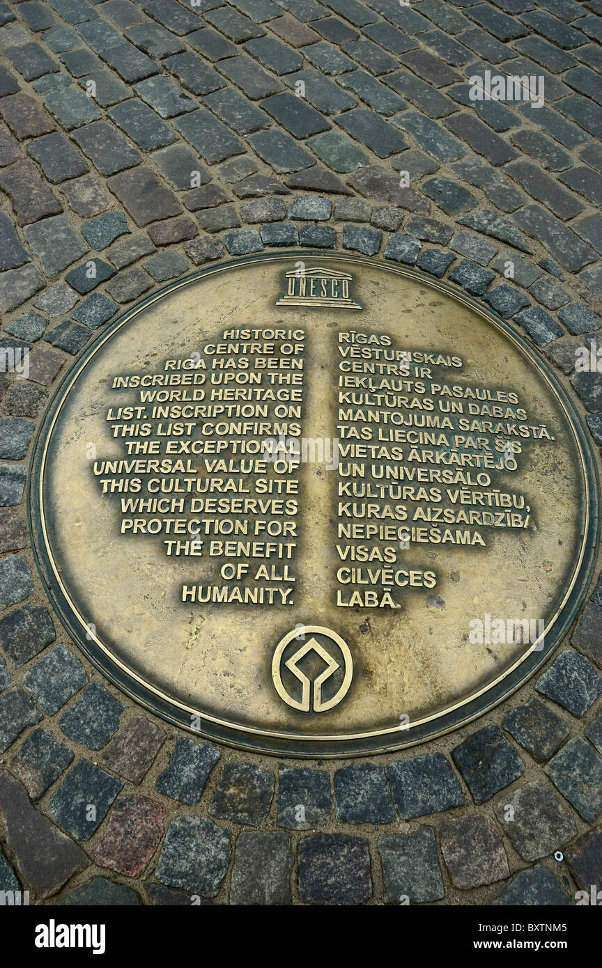 Brass plaque commemorating the inclusion of the historic centre of Riga ...