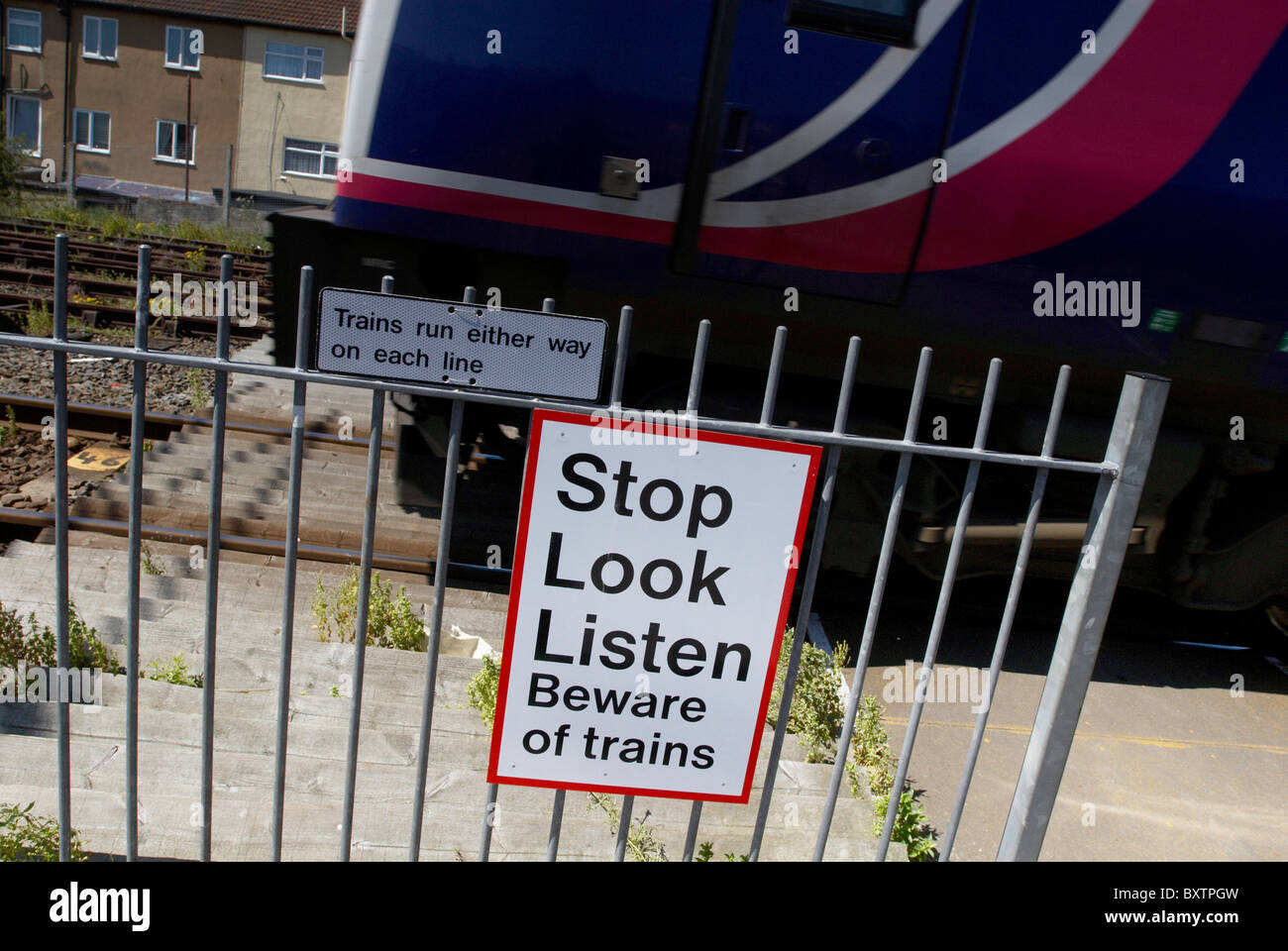 Train crossing sign Harwich Essex UK Stock Photo - Alamy