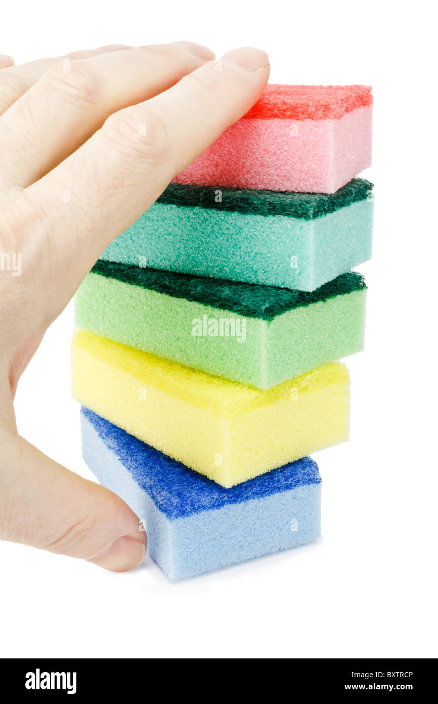 Male hand taking color sponges isolated on white background Stock Photo ...