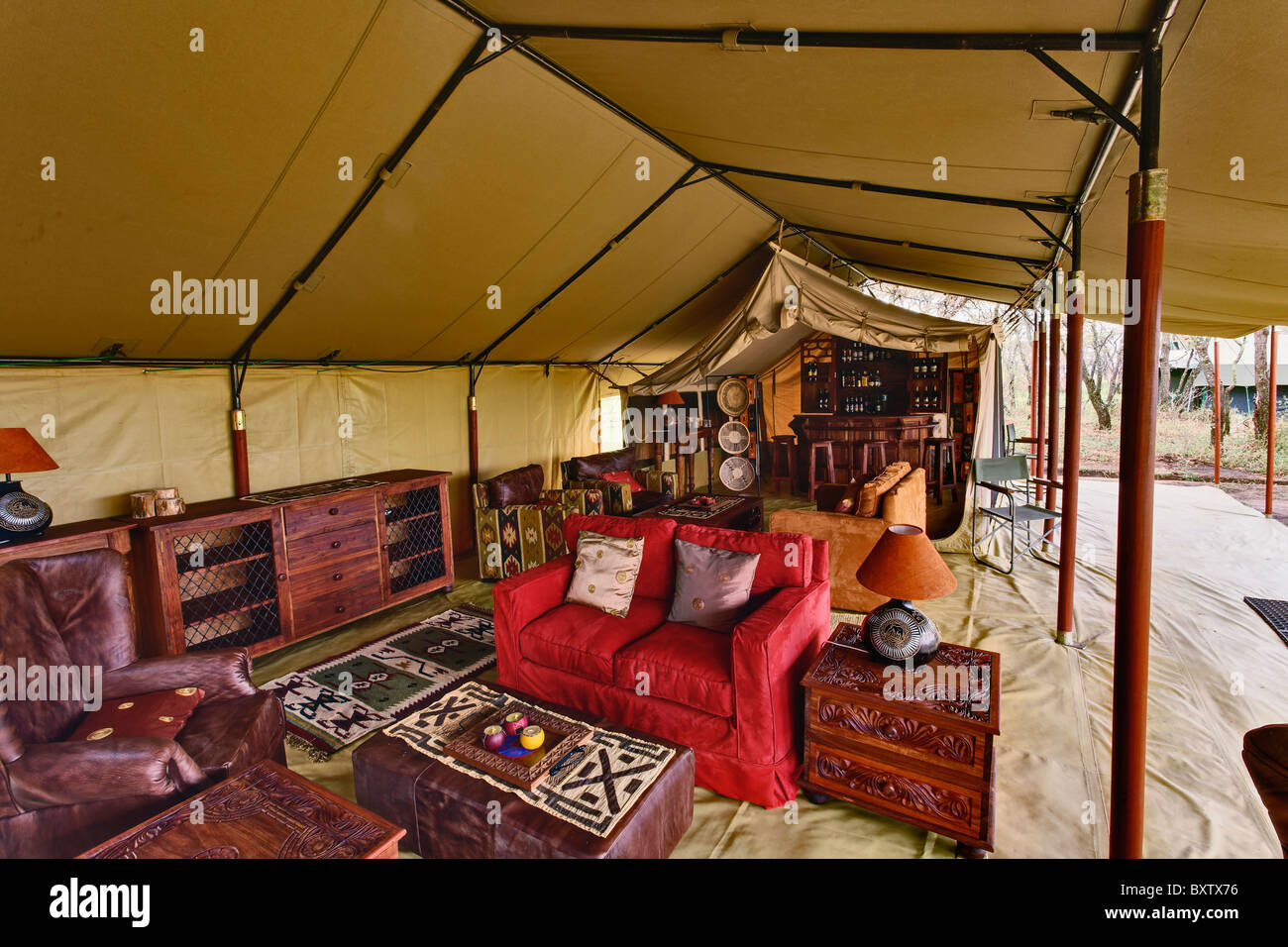 Lounge area in tented camp, northern Serengeti, Tanzania, Africa Stock ...
