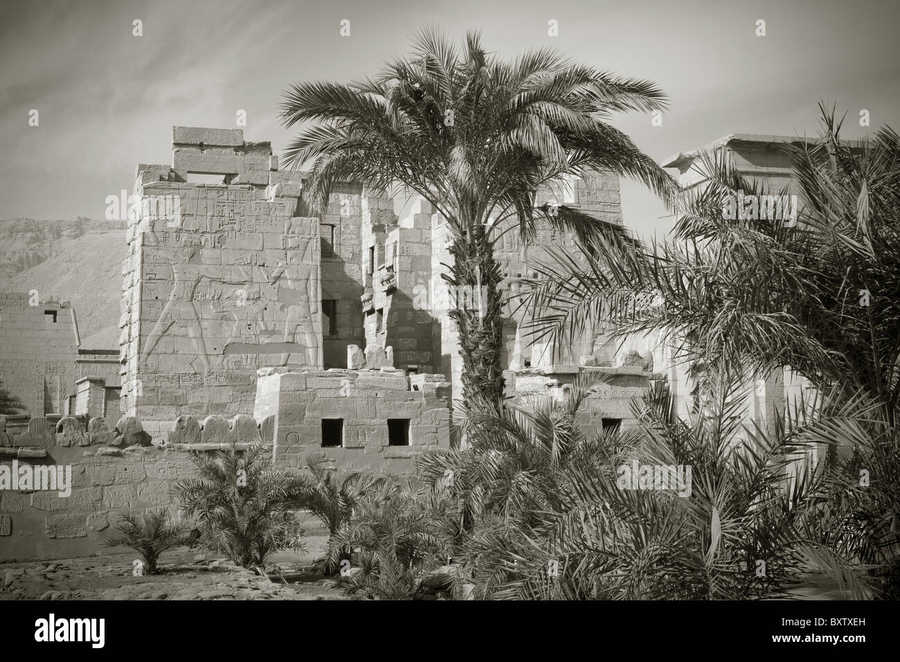 Black and white shot of The Migdol, High Gate at the temple of Pharaoh ...