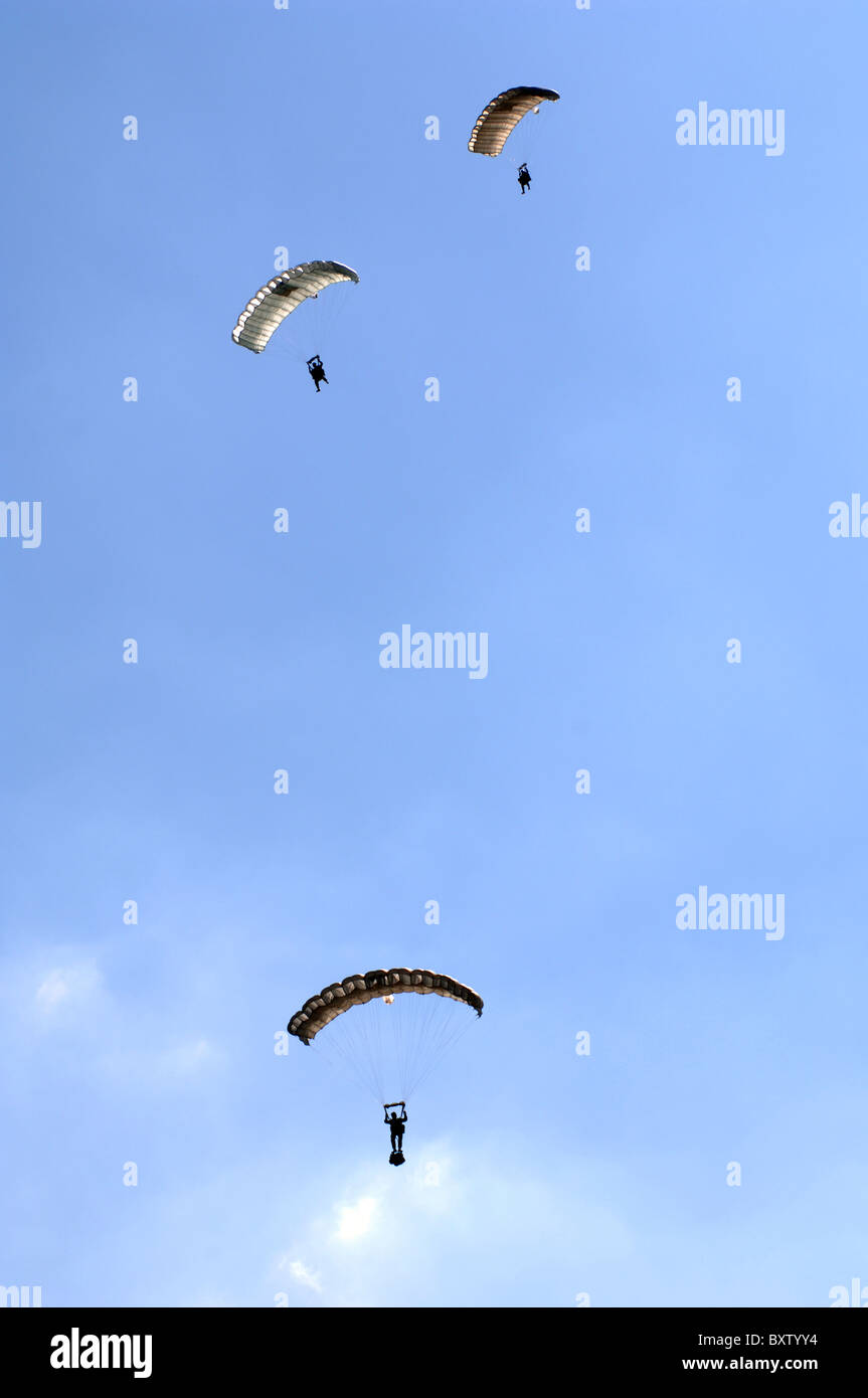 Paratroopers from the Pathfinder Platoon descend through the sky Stock ...