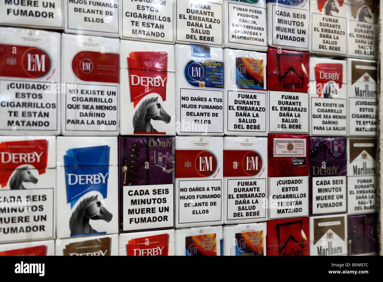 Assorted cigarette packets on sale with health warnings in Spanish ... Assorted cigarette packets on sale with health warnings in Spanish ...
