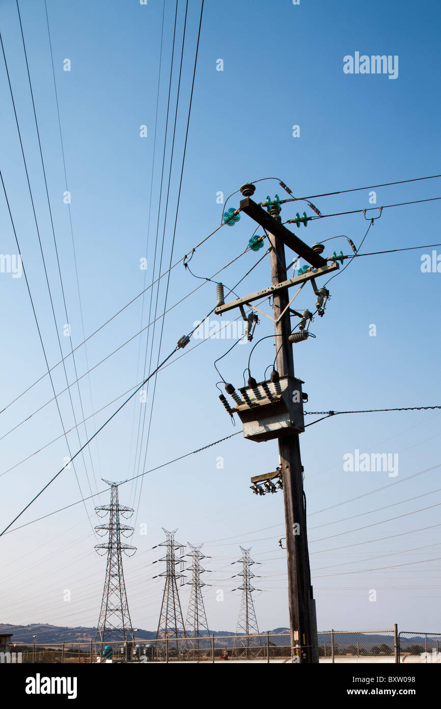 Australia, Victoria, High tension wires and power pylons near coal ...