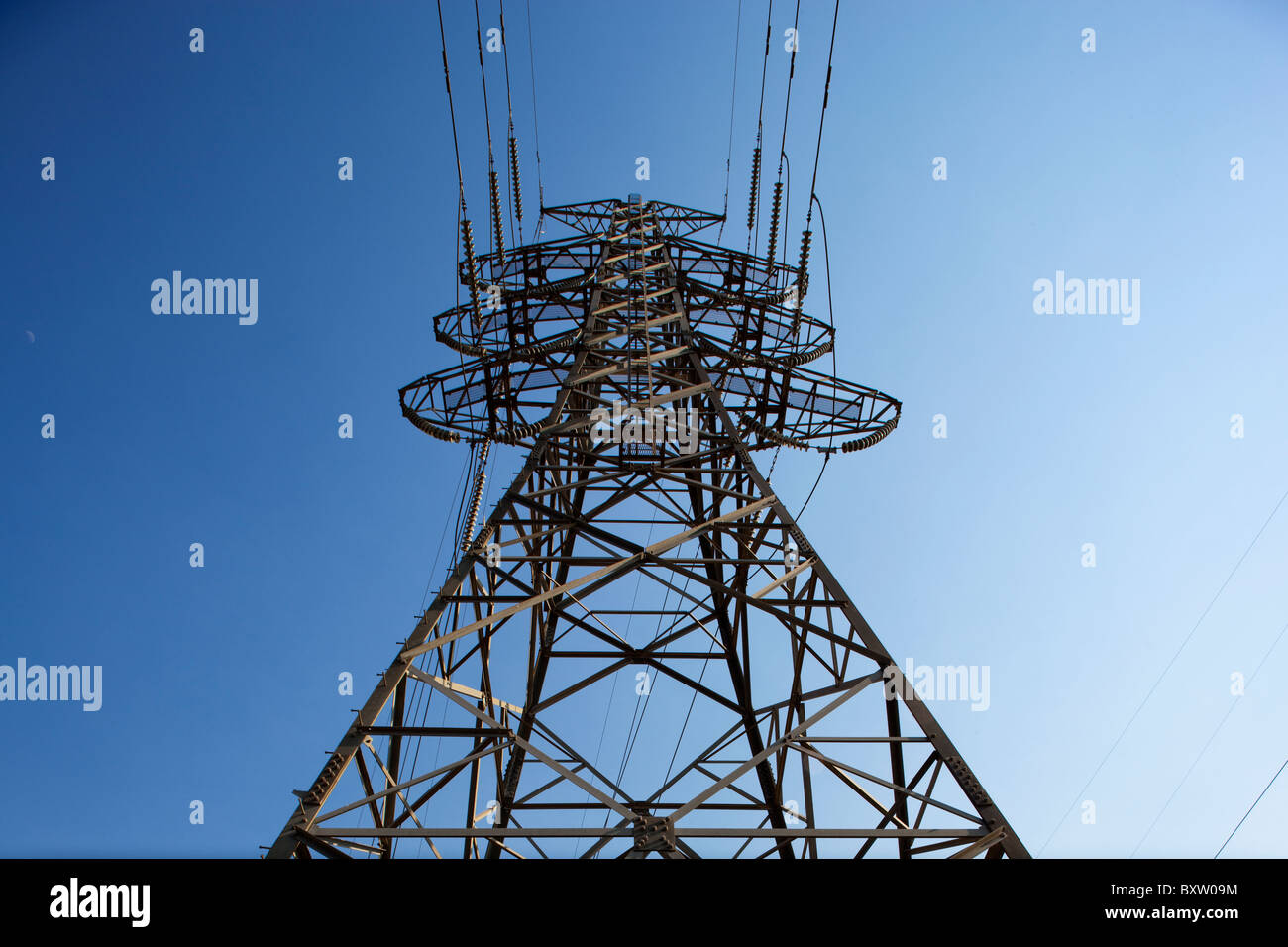 Australia, Victoria, High tension wires and power pylon near coal-fired ...