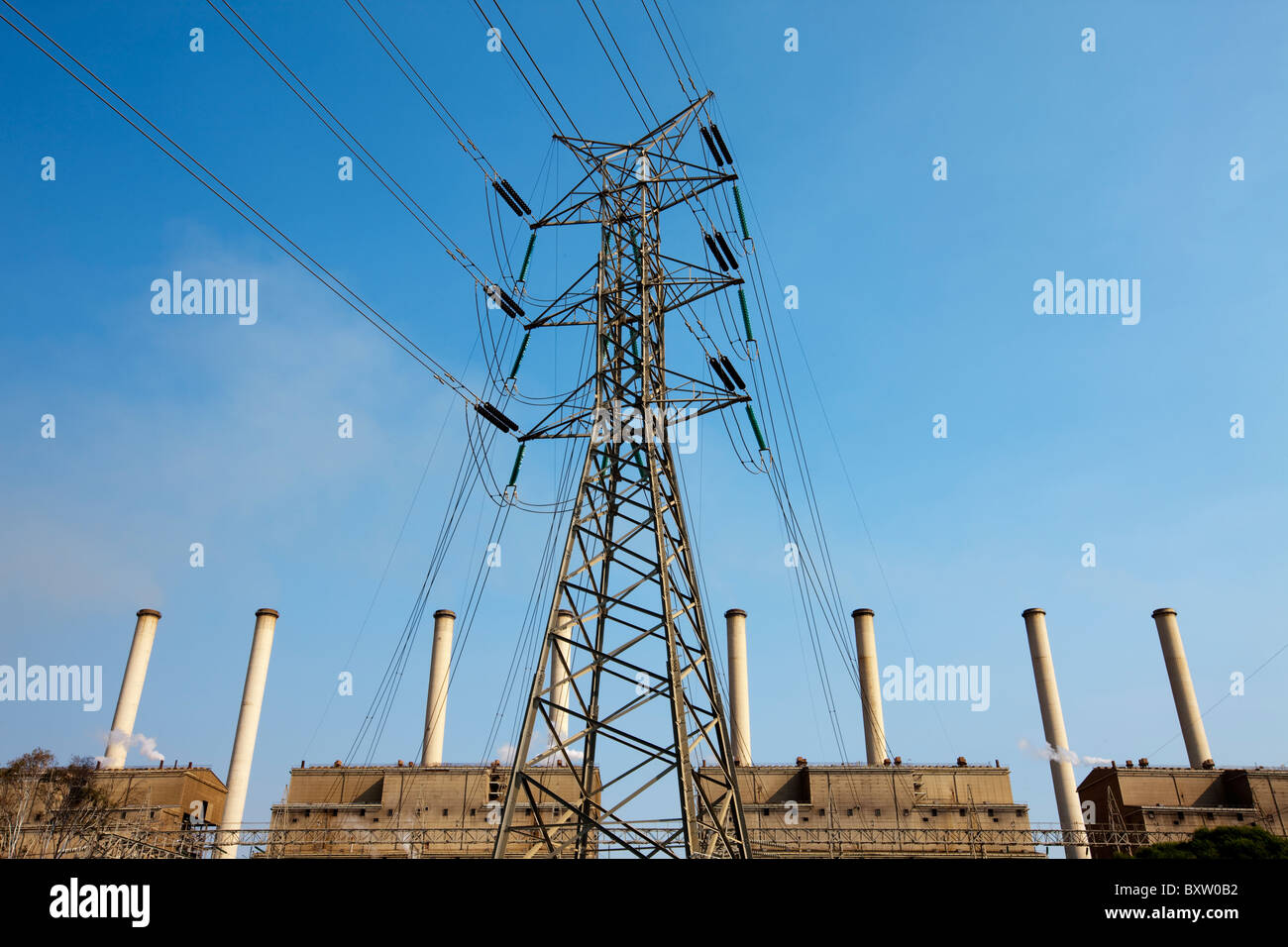 Australia, Victoria, High tension wires and power pylon in front of ...