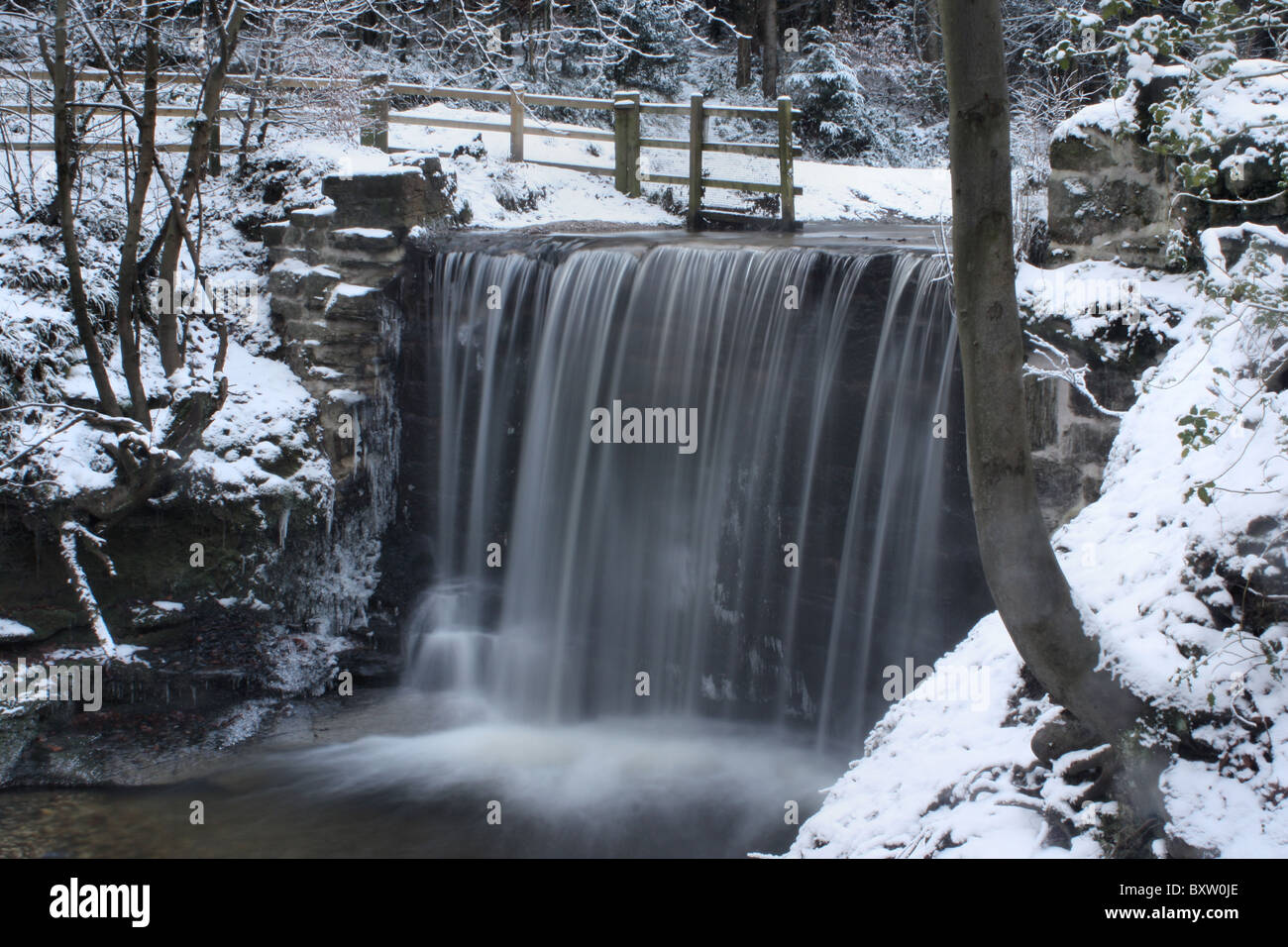 Waterfall and snow on woodland walk alongside River Clywedog Bersham ...