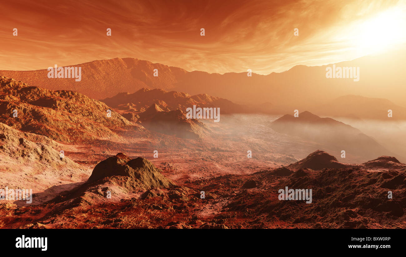 The Martian sun sets over the high walls of Mojave Crater Stock Photo ...