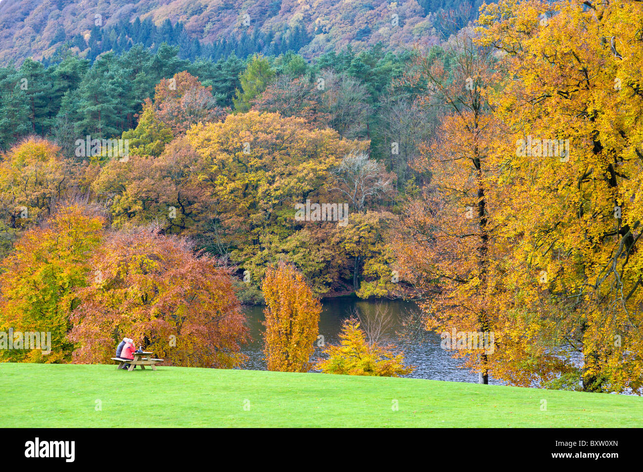 Couple at Fell Foot Park in the Autumn, Lake Windermere, Cumbria ...