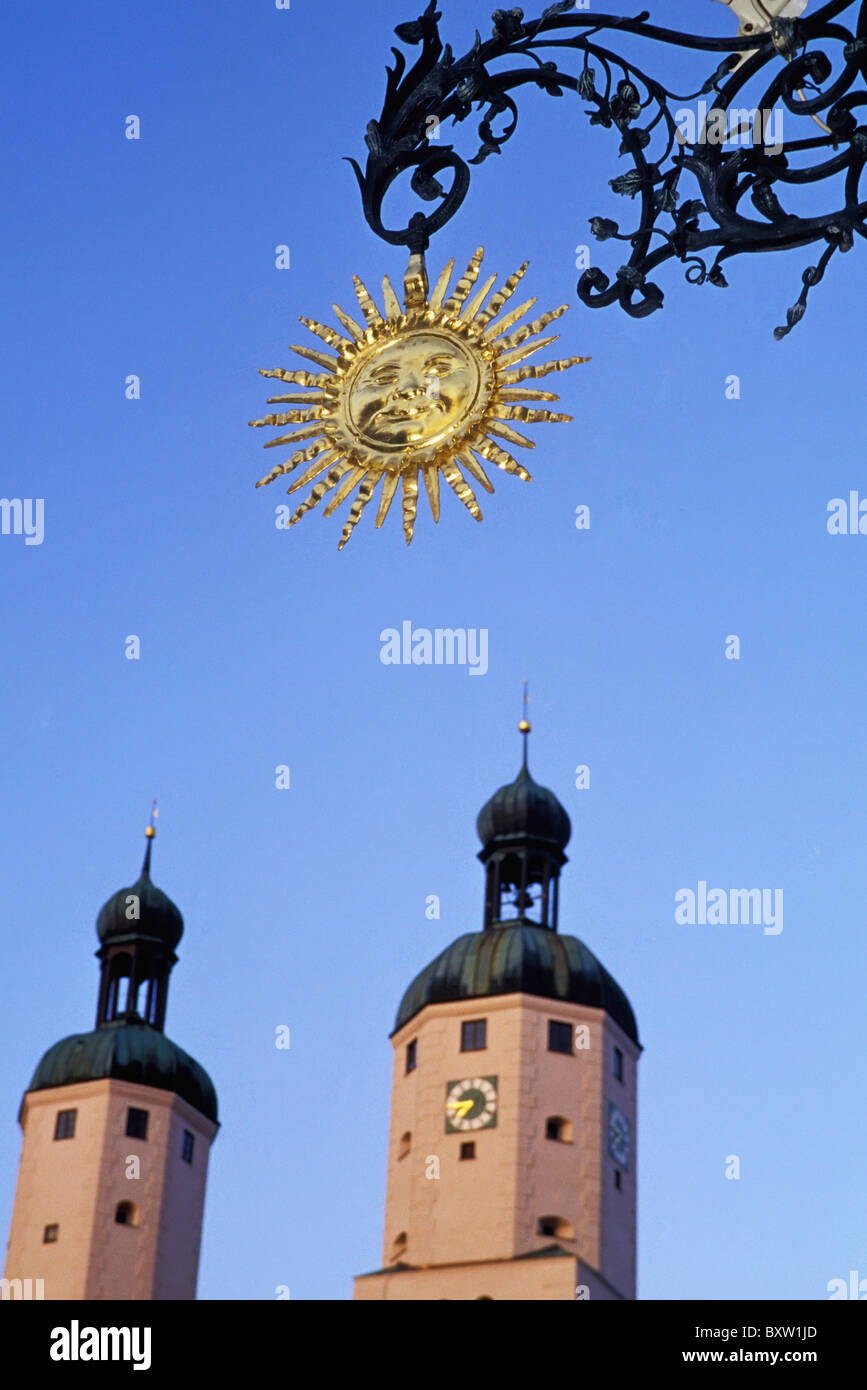 Ornate Sign And Clock Towers Stock Photo - Alamy